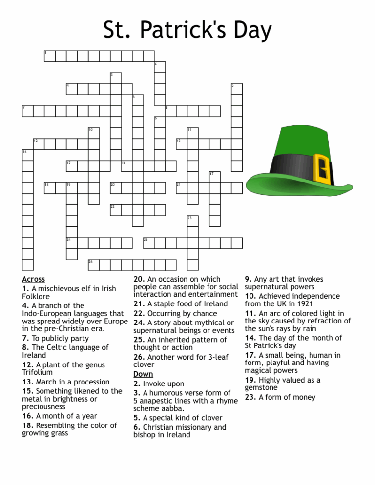St Patrick’s Crossword Puzzle Printable - Free Printable Crosswords