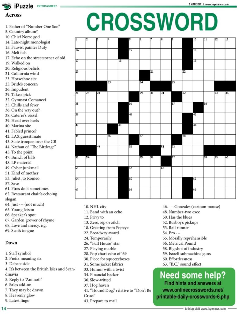 Sunday Printable Crosswords - Free Printable Crosswords