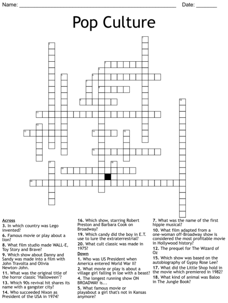 Pop Culture Crossword Puzzles - Free Printable Crosswords