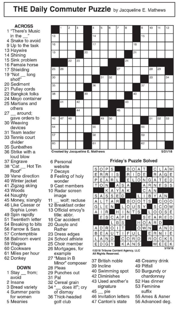 Daily Commuter Crossword Puzzle Answers Today Free Printable - Free ...